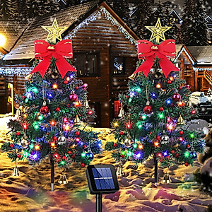 80LED Solar Christmas Tree Lights Outdoor Decorations, 2PCS Waterproof Lights Yard Decorative Xmas Tree Solar Christmas Yard Stake Outdoor Christmas Pathway Lights for Christmas Pathway Yard (Green)