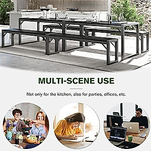 IMUsee 3-Piece 47.2" Dining Table Set for 4-6,Heavy Duty Kitchen Table with Metal Frame and Wood Board, Kitchen & Dining Room Table Set with Benches, Space-Saving Dinette for Small Space,Grey&Black