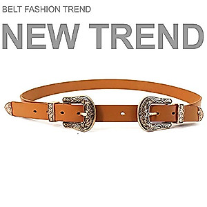 CLARA Women Vintage Western Waist Belt Double Buckle Belt PU Leather Waistband for Jeans Dress (Brown)