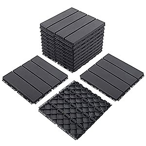 domi outdoor living Patio Deck Tiles, 12 x 12 inches Composite Interlocking Decking Tile, Four Slat Plastic Outdoor Flooring, 9 Pieces One Pack, Dark Grey