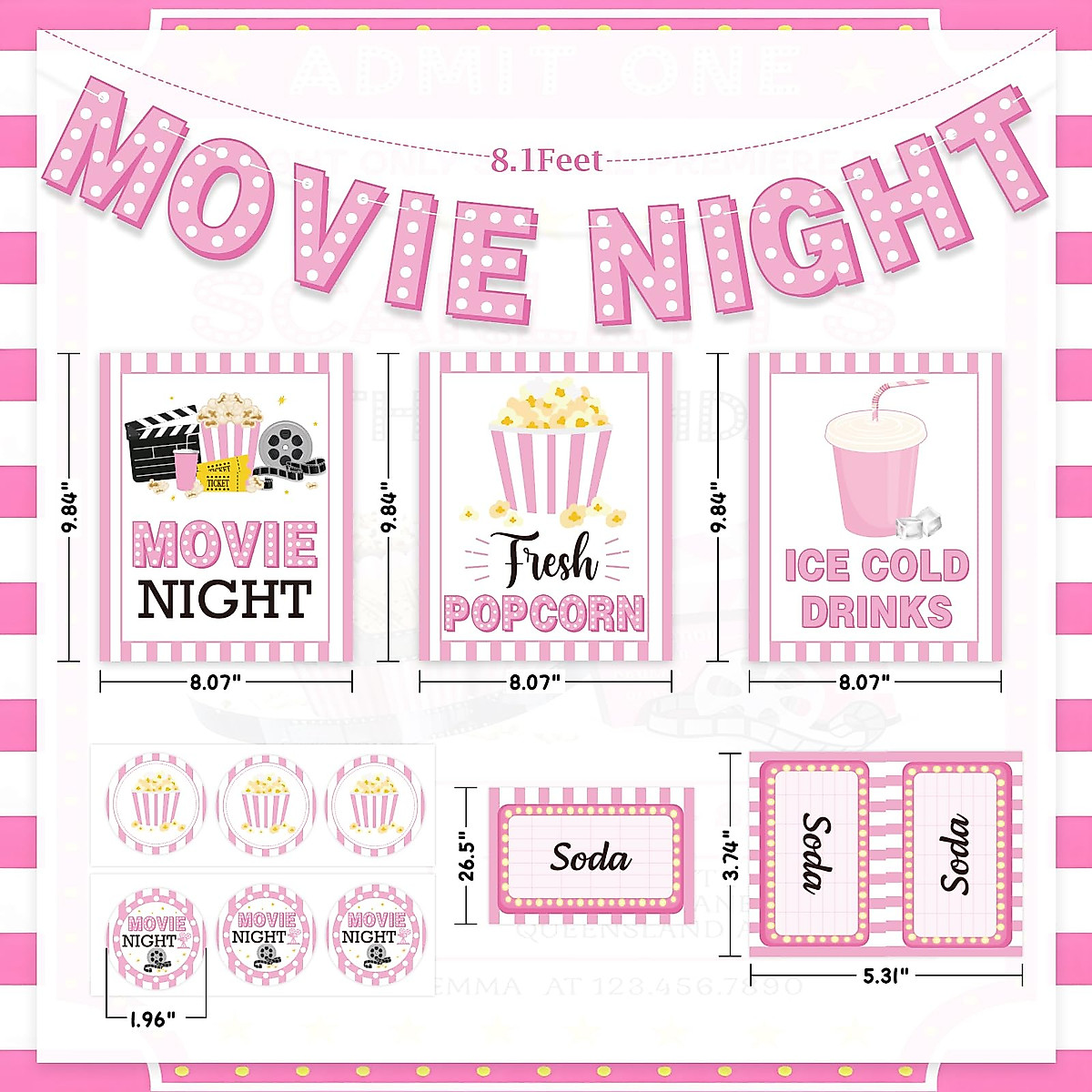 K KUMEED Movie Night Party Decorations-Pink Movie Night Banner Cute Popcorn Sign Ice Cold Drink Toppings Tent Cards Movie Night Stickers for Movie Theme Party Summer Ice Bar Film Party Supplies