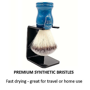 Parker Synthetic Bristle Wood Handle Shaving Brush – Brush Stand Included - Blue Wood Handle