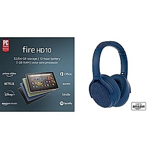 Tablet Bundle: Includes Amazon Fire HD 10 tablet, 10.1", 1080p Full HD, 32 GB (Denim) & Made for Amazon Active Noise Cancelling Bluetooth Headphones (Blue)