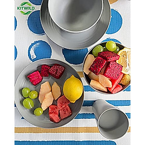 KITWILD Wheat Straw Dinnerware Sets, 12-Piece Lightweight Plastic Dinnerware Set with 8.9 Inch Unbreakable Plates, Bowl Set and Cup Set, BPA free, Dishwasher & Microwave Safe, Service for 4 - Grey