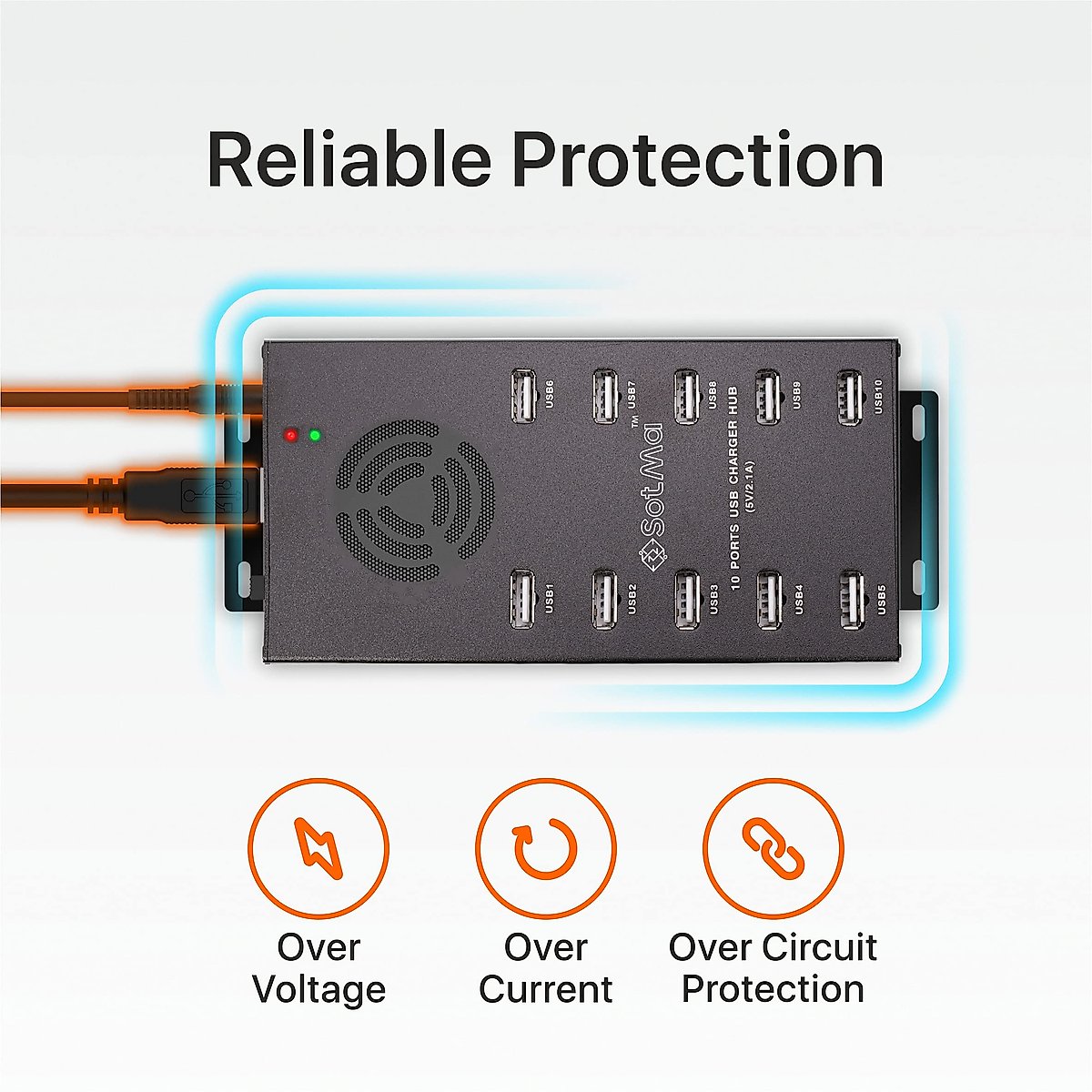 Premium Design USB 2.0 Hub - Multi-Safety Protection 10-Port Powered USB Hub 2.0 with AC Adapter - USB Splitter with Cooling Fan and Mounting Brackets - Aluminum Charging Hub for Multiple Devices