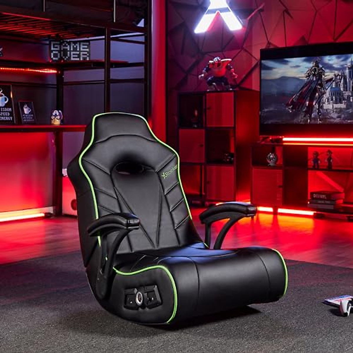 X Rocker Limewire Floor Gaming Chair - Headrest Mounted Speakers - 2.1 Bluetooth - Recliner with Padded Armrests - Black with Green