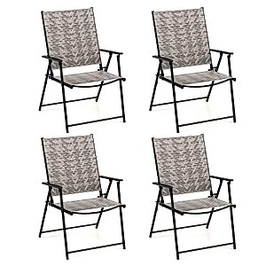 Tangkula Set of 4 Patio Folding Chairs, Outdoor Wicker Dining Chairs with Armrests, Portable Lawn Chairs with Metal Frame for Garden, Backyard, Poolside, No Assembly (4, Mix Gray)