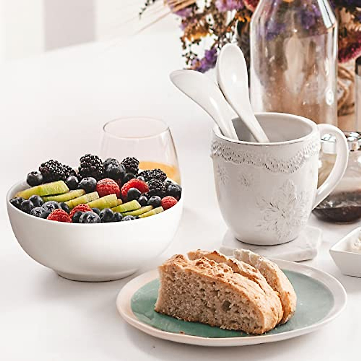 Artena Asian Soup Bowls with Spoons Set of 4, 26 oz Pasta, Ramen, Pho Bowls and Soup Spoons Set, Advanced Porcelain Elegant White Cereal Bowls for Kitchen, Dishwasher Microwave Oven Safe Bowls