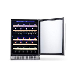 NewAir 24” 46 Wine Bottle Cooler | Dual Zone Cooling 40-66 Degrees Wine Fridge | Stainless Steel With Quiet Compressor And Removable Beech Wood Shelves NWC046SS01