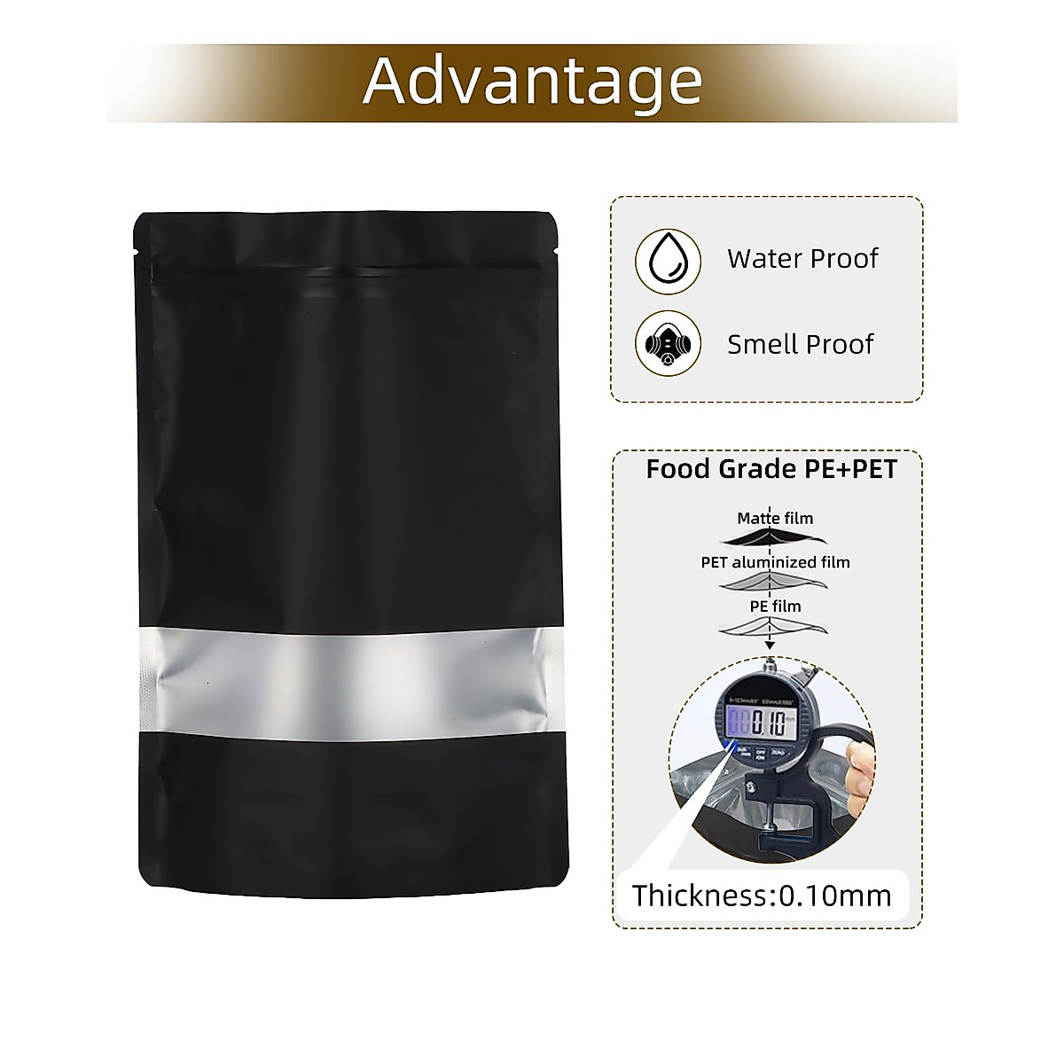 Larzack Smell Proof Bags for Food Storage, Resealable Mylar Bags with Matte Window, Foil Pouch Stand Up Sealable Bags for Packaging (Black, 3.5 * 5.1in)