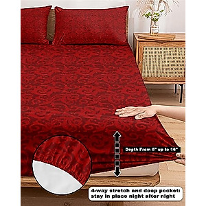 Full Size Fitted Sheet Bed Set Merry Christmas Leaves on Red Deep Pocket Soft Bottom Sheets&Pillowcases for Bedroom Decor Abstract Foliage Texture,Fits Mattress Up to 16" Deep