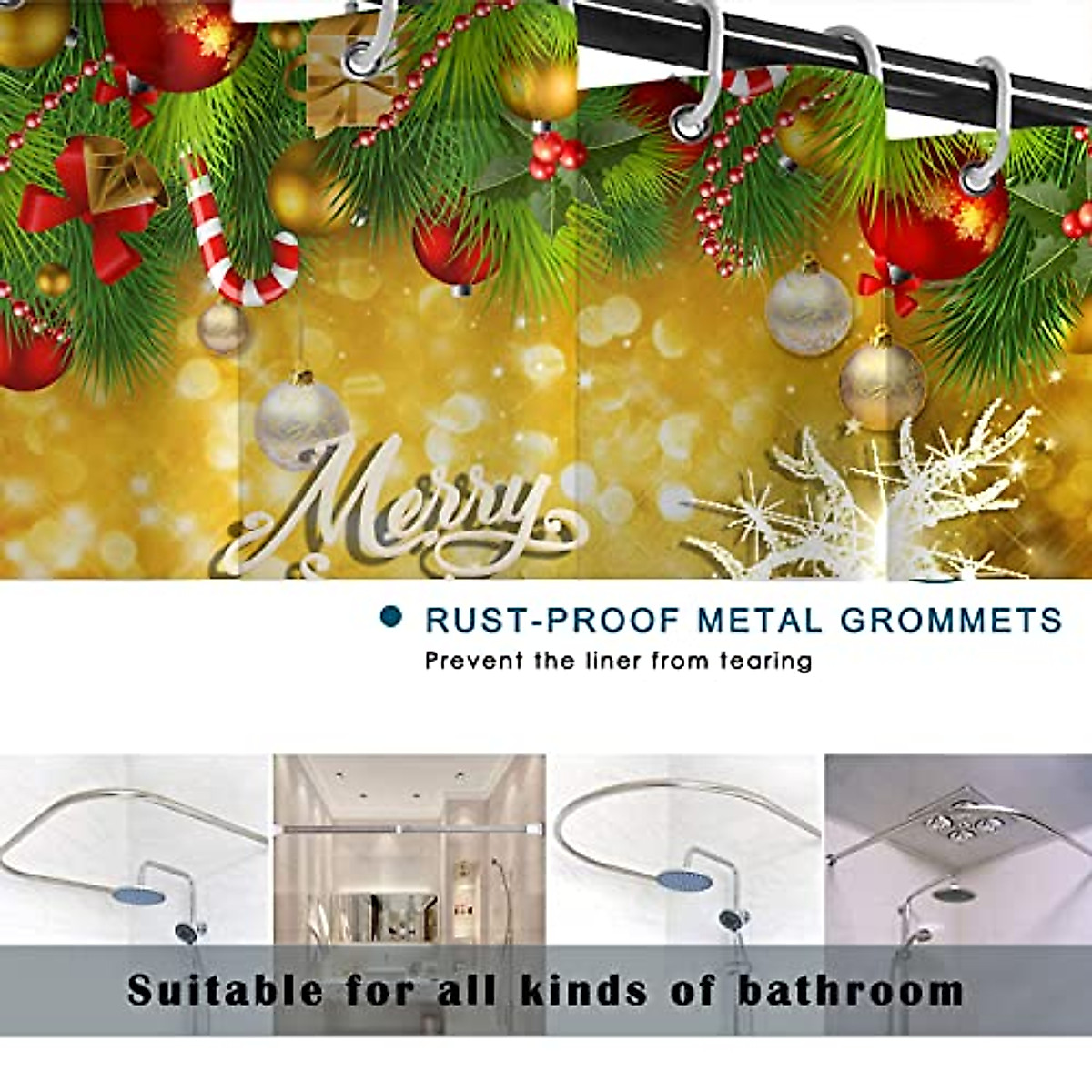 Casdseci 4Pcs Golden Christmas Shower Curtains Set with Non-Slip Rugs, Toilet Lid Cover and Bath Mat, Lucky Glowing Elk Waterproof Bathroom Curtain with 12 Hooks 72 x 72 Inch