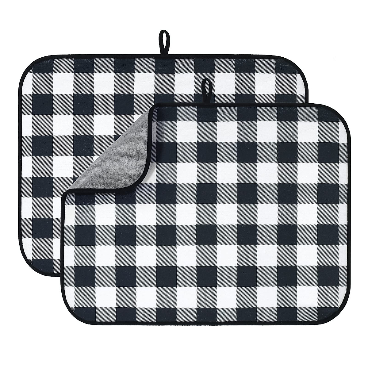 AELS XL 24" x 18" Dish Drying Mat, Set of 2, for Kitchen Counter, Buffalo Check Plaid Tartan Reversible Absorbent Microfiber Dish Drainer/Rack Pads with Hanging Loop