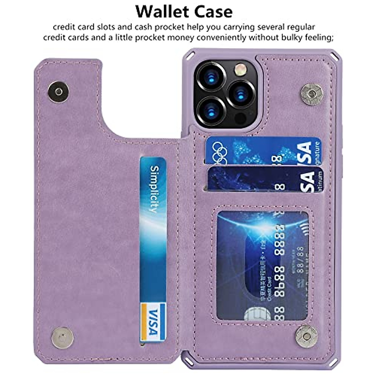 iCoverCase for iPhone 12 Pro Max Wallet Case with Card Slots Holder and Wrist Strap [RFID Blocking] Embossed Leather Kickstand Magnetic Clasp Shockproof Cover 6.7 Inch (Heart Purple)