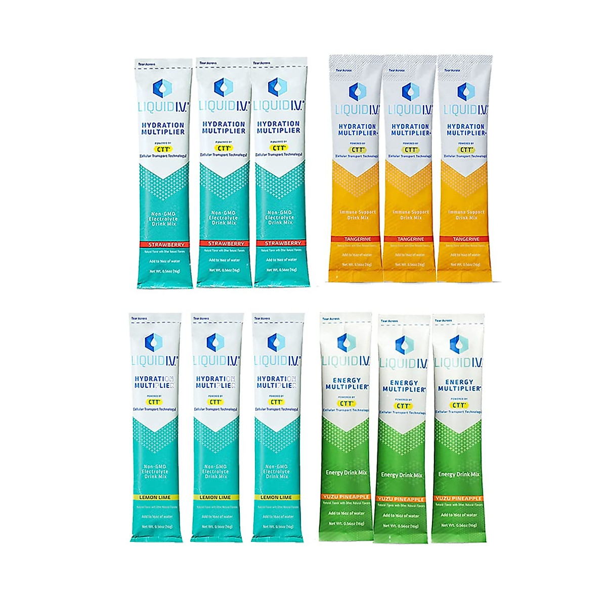 GARIZZE Liquid IV Hydration Multiplier - Hydration Powder Packets -12 Sticks - Electrolyte Drink Mix - Strawberry, Lemon Lime, Tangerine Immune Support, Yuzu Pineapple Energy Drink Mix
