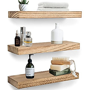Wood Floating Shelves Wall Mounted 17 inch, 3 Tier Rustic Wooden Wall Shelves for Bathroom Living Room Bedroom Laundry Kitchen Storage Farmhouse Decor, Set of 3