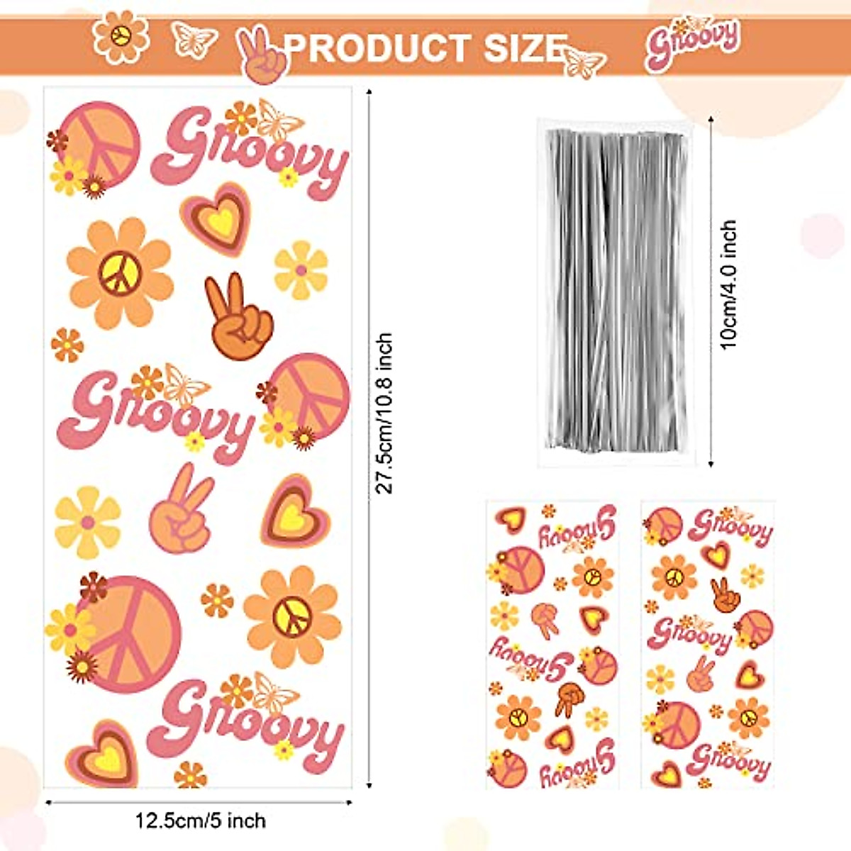 Pajean 100 Pcs Groovy Retro Hippie Boho Party Favors Bags Two Plastic Goody Treat 60's 70's Cellophane for Daisy Flower Birthday Baby Shower Wedding, Silver