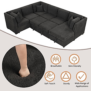 HABITRIO Sectional Sofa Bed with Storage Chaise, U Shaped Sectional Sofa with 3 Back Pillows, Pull Out Sofa Bed with 2 USB Ports for Living Room, Home, Office (Black)