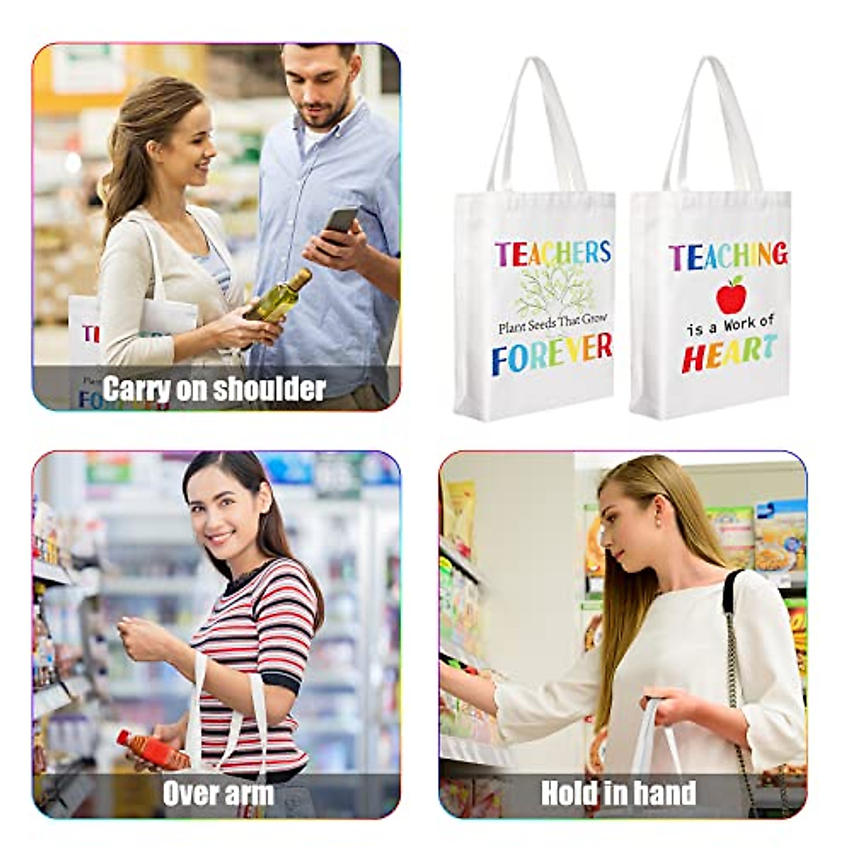 Xuniea 6 Pcs Teacher Appreciation Gifts for Women Graduation Tote Canvas Shopping Bags with Pocket (Cute Style)