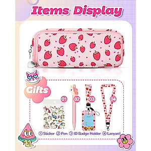 Bistup Pencil Case Pouch Pen Bag for School Cute Kawaii Girls Girly Cartoon Strawberry Teen Girls Zipper Pencil Pouches Large Stationary Bags 3 compartments with Lanyard+ID Badge Holder+Pen+Sticker