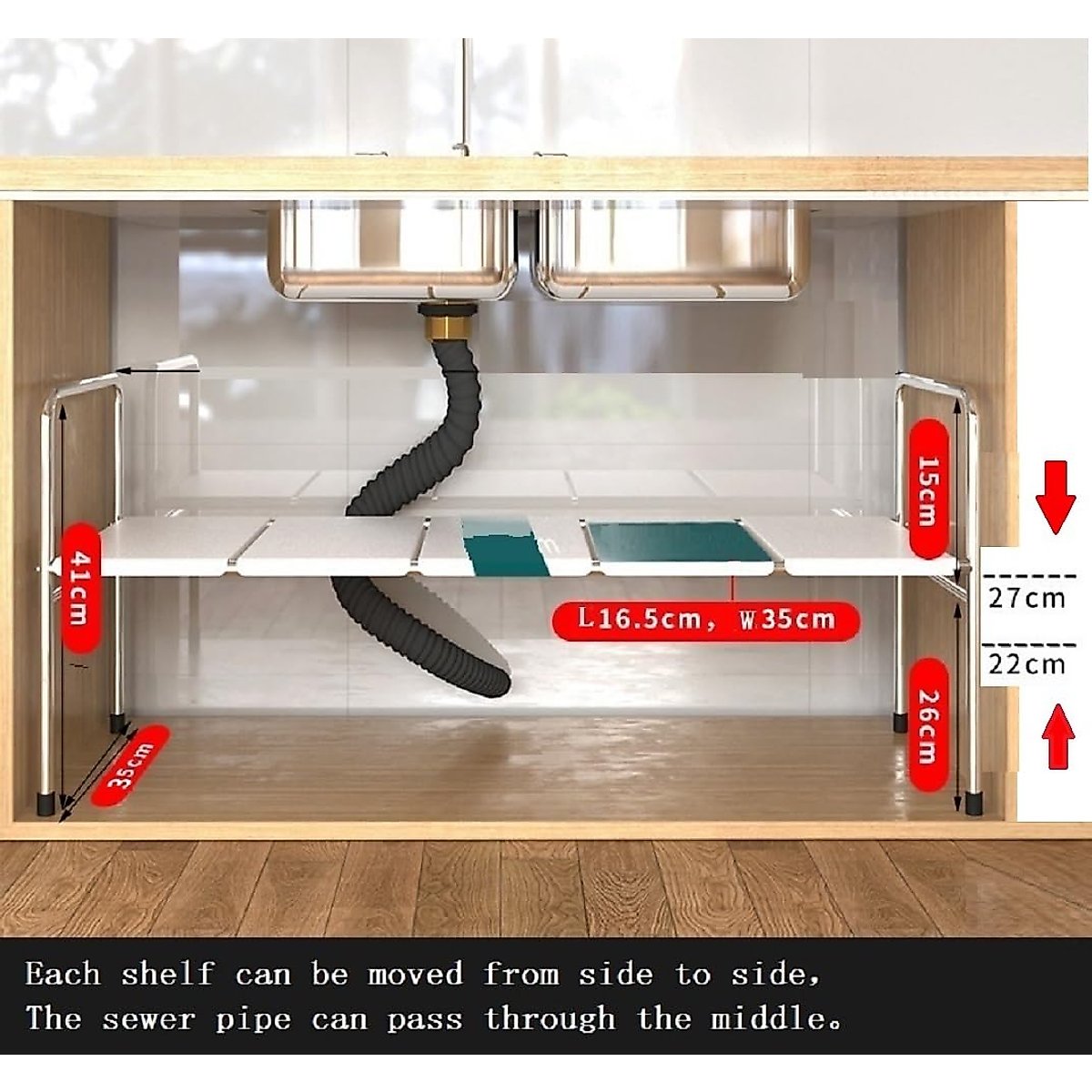 Kitchen Sink Shelf，Height and width Adjustable，Retractable Cabinets Single-layer Spice Rack，Depth 35cm，Width >86cm，5 Pcs Boards，Pot Storage Rack，Cabinet、Kitchen Storage Rack (White)