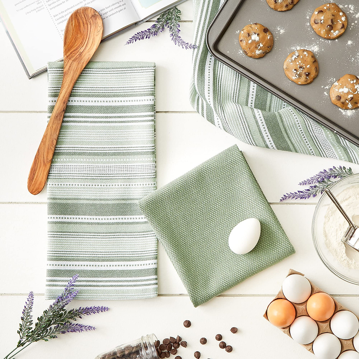 DII Everyday Dishtowel Collection Urban Stripe, 20x30, Artichoke Green, 3 Piece