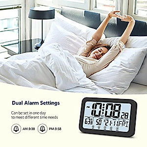 Digital Clock, Digital Wall Clock Battery Operated, Clocks with Large Display, Alarm Clock with Backlight, Desk Clock with Temperature Humidity Day Date for Bedroom Living Room Office (Black)