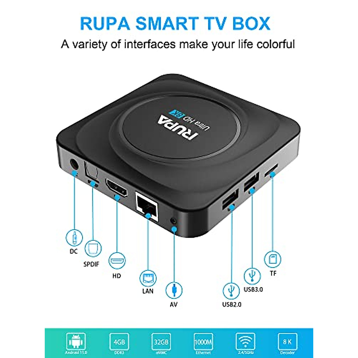 Android TV Box 11, 4GB RAM 32GB ROM Smart TV Box RK3566 4-Core 64bit Cortex-A55 CPU Support 4K 8K Output Dual-WiFi 2.4G/5.8GHz Bluetooth 4.0 USB 3.0 with Wireless Mini Keyboard