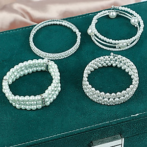 Beupy 9 Pcs Faux Pearl Bracelet 3-Row Pearl Stretch Bracelet Multilayer Pearl Elastic Bangle Vintage Wedding Bridal Bridesmaid White