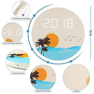 DMDMBSR USB Plug in Digital Wall Clock, Sunset Ocean Wave Design, 12/24Hr Wall Mounted Digital Clock, LED Wooden Silent Wall Clock for Living Room Bedroom Classroom Office (10In Off White)