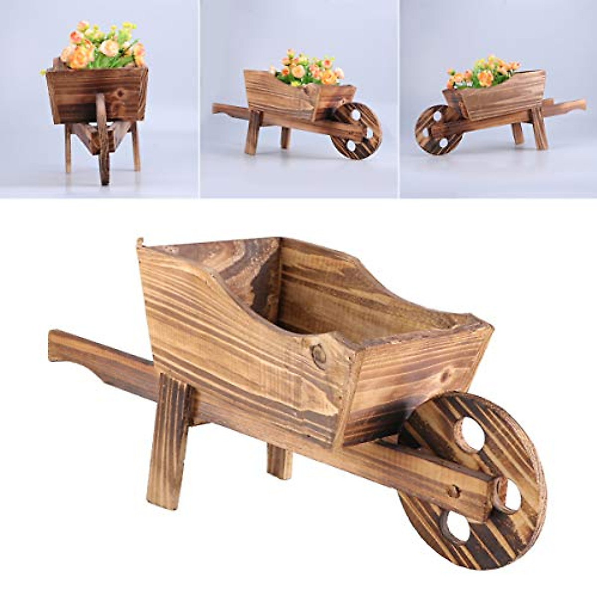 Yardwe Garden Plant Planter Wooden Wagon Planter Wheelbarrow Decoration for Indoor Outdoor - 45x19x20cm