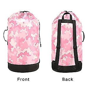 xigua Cute Pink Camo Laundry Bag Drawstring Closure Waterproof Durable Backpack Storage Basket Organization Dirty Clothes Bag Laundry Hamper with Shoulder Straps