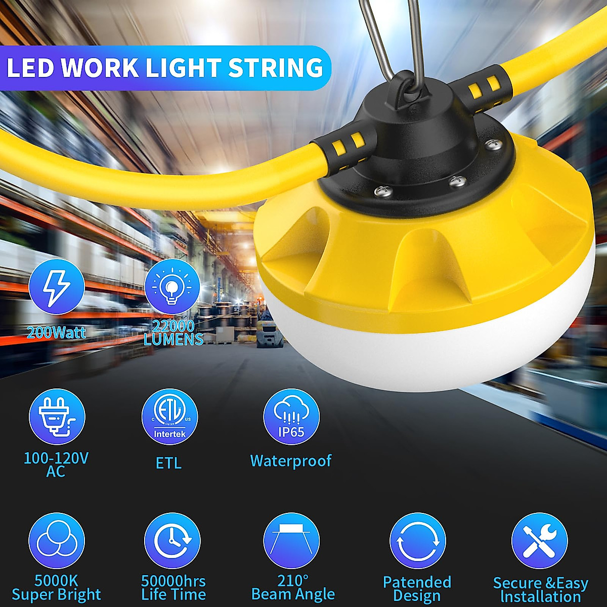 Guntsous 200FT LED Construction String Lights, 200W 22000LM,20 Sockets, Linkable Up to 16 Sets,Temporary Work Light for Job Site Workshop