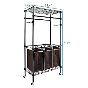 HopeHope Garment Rack for Hanging Clothes, Folding Garment Rack with Wheels, Adjustable Height. 3-Bag Laundry Sorter