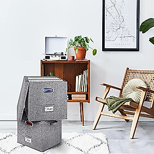 Woodoulogy Vinyl Record Storage Box for 50+ Single LPs, Stackable Albums Linen Crate with Lid, Collapsible Play Music Collection Holder, Document File Folder Cabinet Organizer Case with Handle