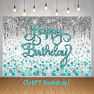 Happy Birthday Decorations Teal Balloon Garland for Girls Birthday Teal and silver Glitter Backdrop Teal Blue Balloons Garland Kit and Teal Dot Disposable Tablecloth