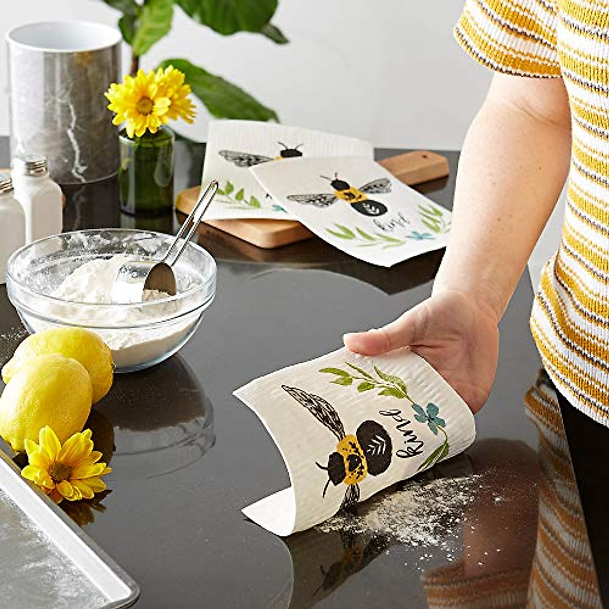 DII Swedish Dishcloths for Kitchen & Cleaning, Reusable, Machine Washable & Dishwasher Safe, Biodegradable, 7.75 x 6.75, Bee Kind, 3 Piece