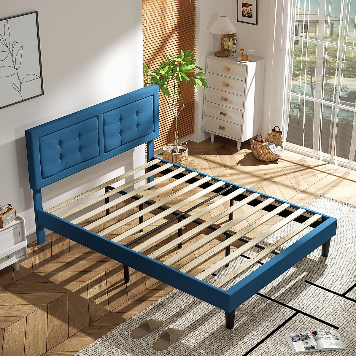 VECELO Queen Size Bed Frame with Adjustable Headboard, Upholstered Button Tufted Platform Bedframe with Wood Slats Support, No Box Spring Needed, Dark Blue