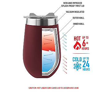 Tempercraft 12 oz Vacuum Insulated Stainless Steel Wine Tumbler with Lid | Laser Engraved Custom Options | Doubled-Walled Stemless Travel Wine Glass (Burgundy - Blank)