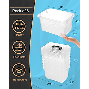 NEATJELAI Plastic Storage Bins with Lids -Storage Organizer Bins with Black Buckle Lids, Stackable Storage Bins with Lids for Home Office Closet Art Supplies Organization,6 Packs, Clear