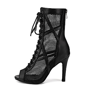 DKZSYIM Open Toe Dance Boots Women Latin Salsa Ballroom Lace-up Ankle Dance Shoes,K99-Black,3 3/4 inch,Rubber,US 7.5