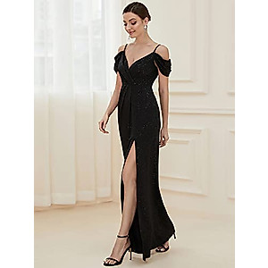 Ever-Pretty Women's V-Neck Ruched Sparkle Short Sleeves Summer Evening Dress for Women Black US6