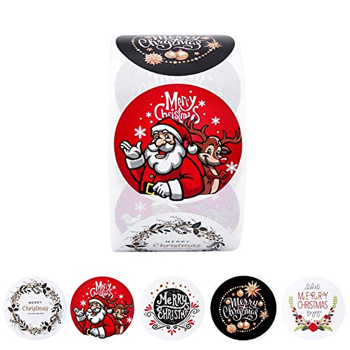 Yoption Merry Christmas Stickers Roll 1.5 Inch, 500 Round Christmas Tags, Multiple Designs （5 Patterns）