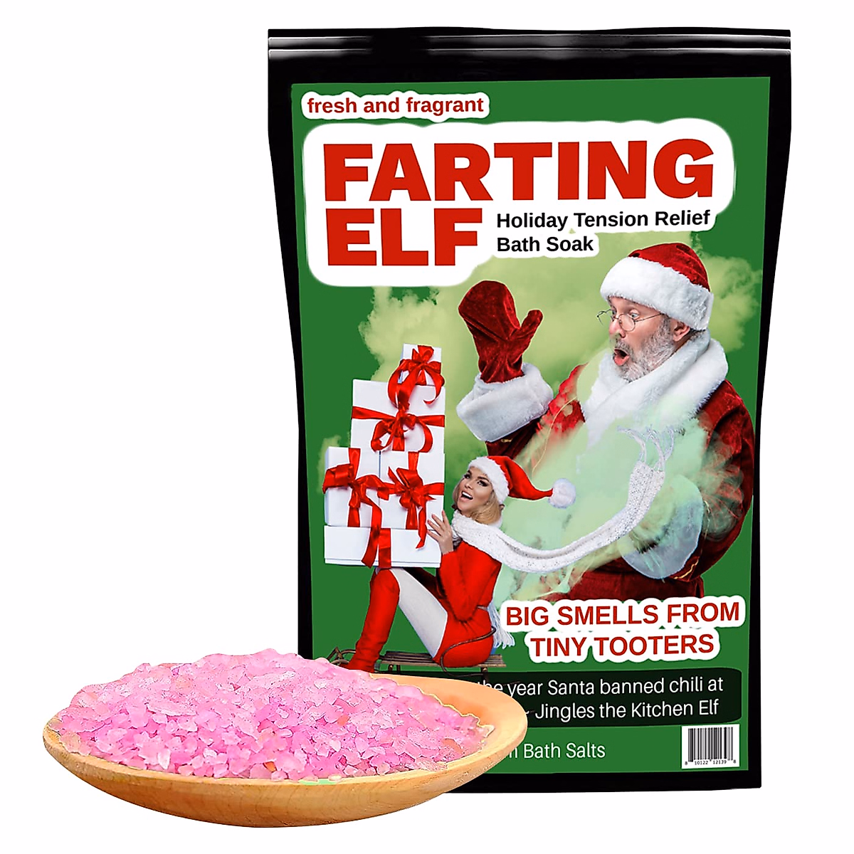 Farting Elf Bath Salts Soak - Holiday Stress Relief Gag Gift for Adults - Funny Christmas Gifts for Friends - Fresh and Fragrant White Elephant Stocking Stuffer, Pink Rose