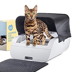 New Upgraded Smart Automatic Cat Litter Box - Self Cleaning Cat Litter Box with Built in Odor Eliminator - Works with Clumping Cat Litter - Large Cat Litter Box with Hood & Litter Mat.