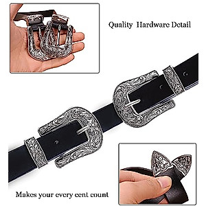 ALAIX Women's Belt Western Vintage Style Genuine Leather Belt Two Buckles Waist Belts for Jeans Dress Pants Silver