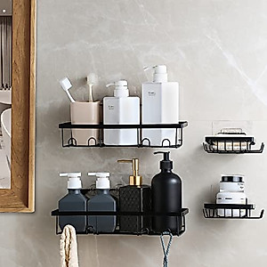 HYG easyshop Black Self Adhesive Shower Shelves, 2 Pack Stainless Steel Shower Caddy with Soap Holder, Rustproof Shower Rack Suitable for Bathroom, Kitchen