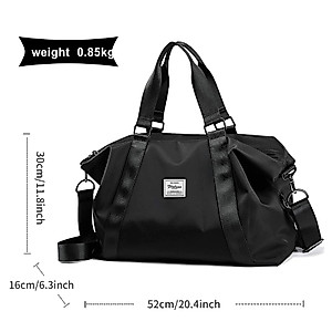 Travel Duffel Bag,Sports Tote Gym Bag,Shoulder Weekender Overnight Bag for Women with Wet Pocket,Black(No Luggage Strap)