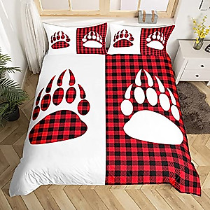 Manfei Kids Bear Paw Print Duvet Cover Set Full Size, Wildlife Footprint Bedding Set 3pcs for Boys Girls Room Decor, Red Black Plaid Print Comforter Cover Animal Theme Quilt Cover with 2 Pillowcases