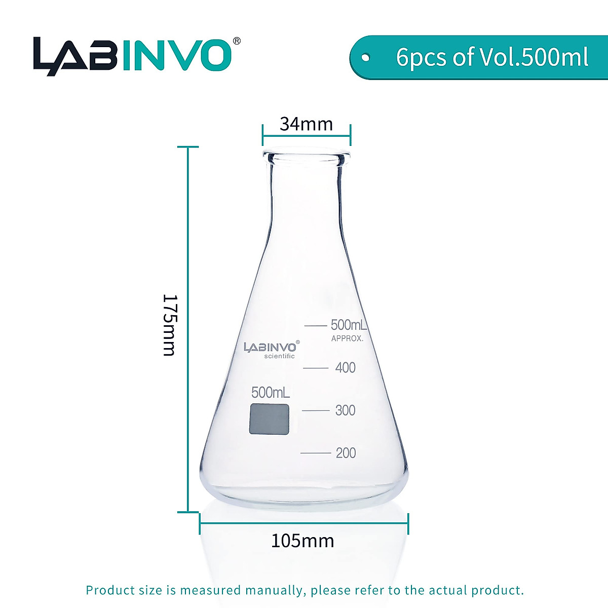 LABINVO 500ML Glass Erlenmeyer Flask, Narrow Mouth Graduated Conical Flask with Marking Spot, 6pcs of 3.3 Borosilicate Glass Flask Set, IN-EFN500